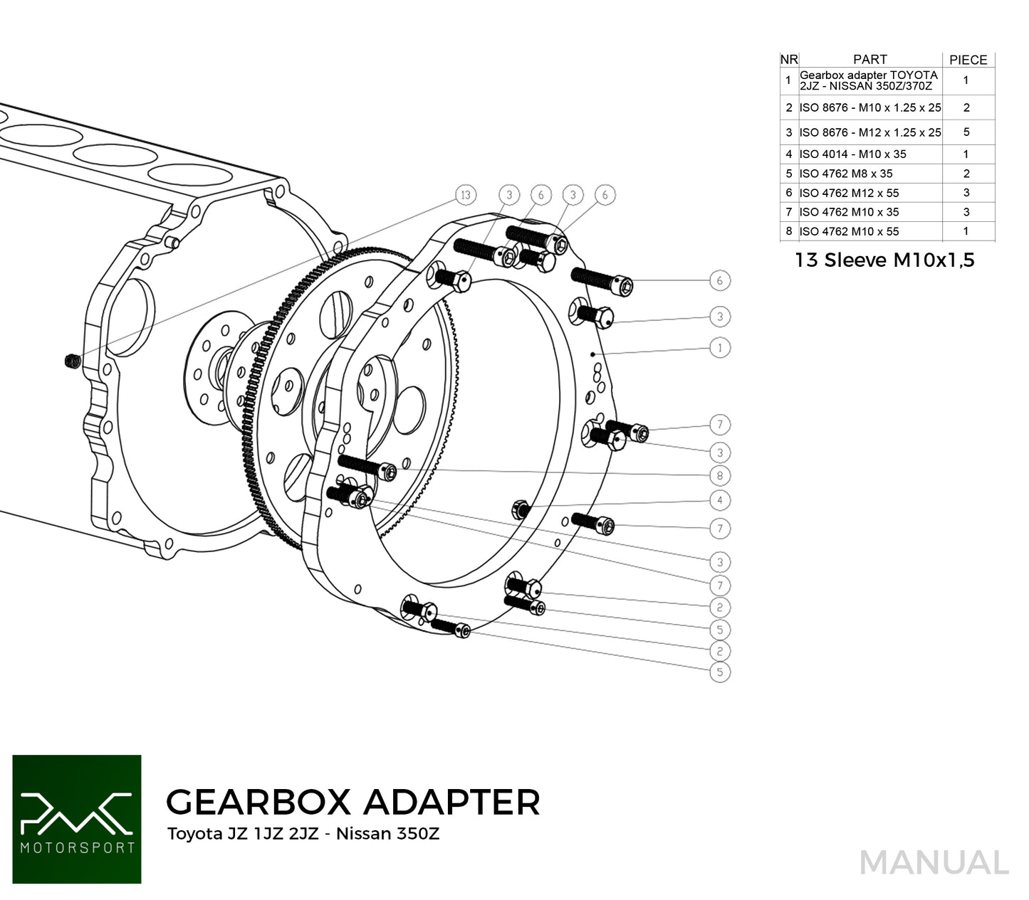 PMC Motorsport - Adapter Kit Toyota JZ - Nissan 350Z Z33 370Z Z34 - 25 ...