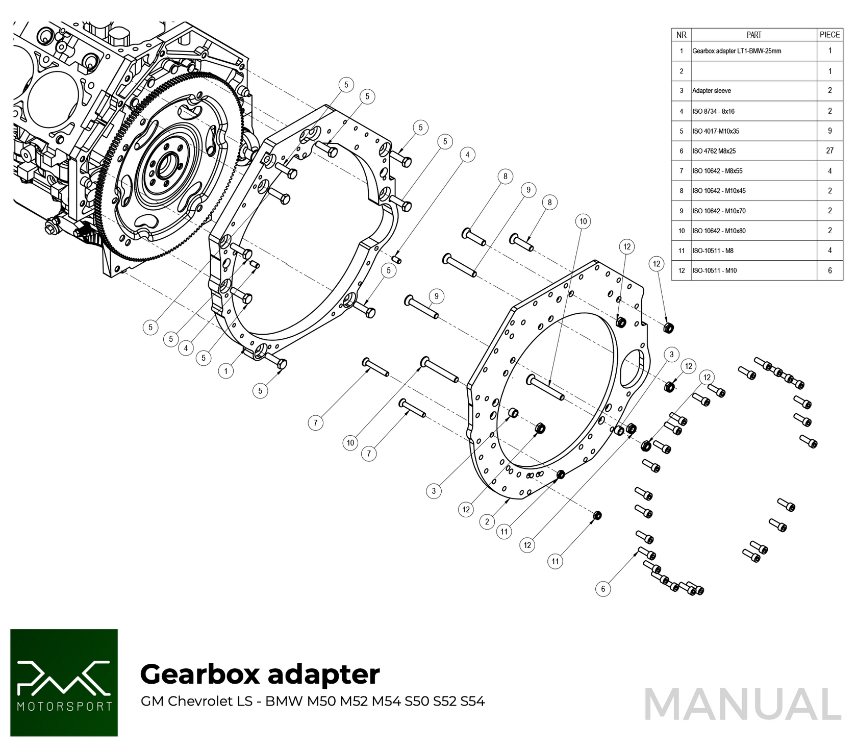 PMC Motorsport - Adapter Kit GM Chevrolet V8 LS - BMW M57 / E46 S54 M3 ...