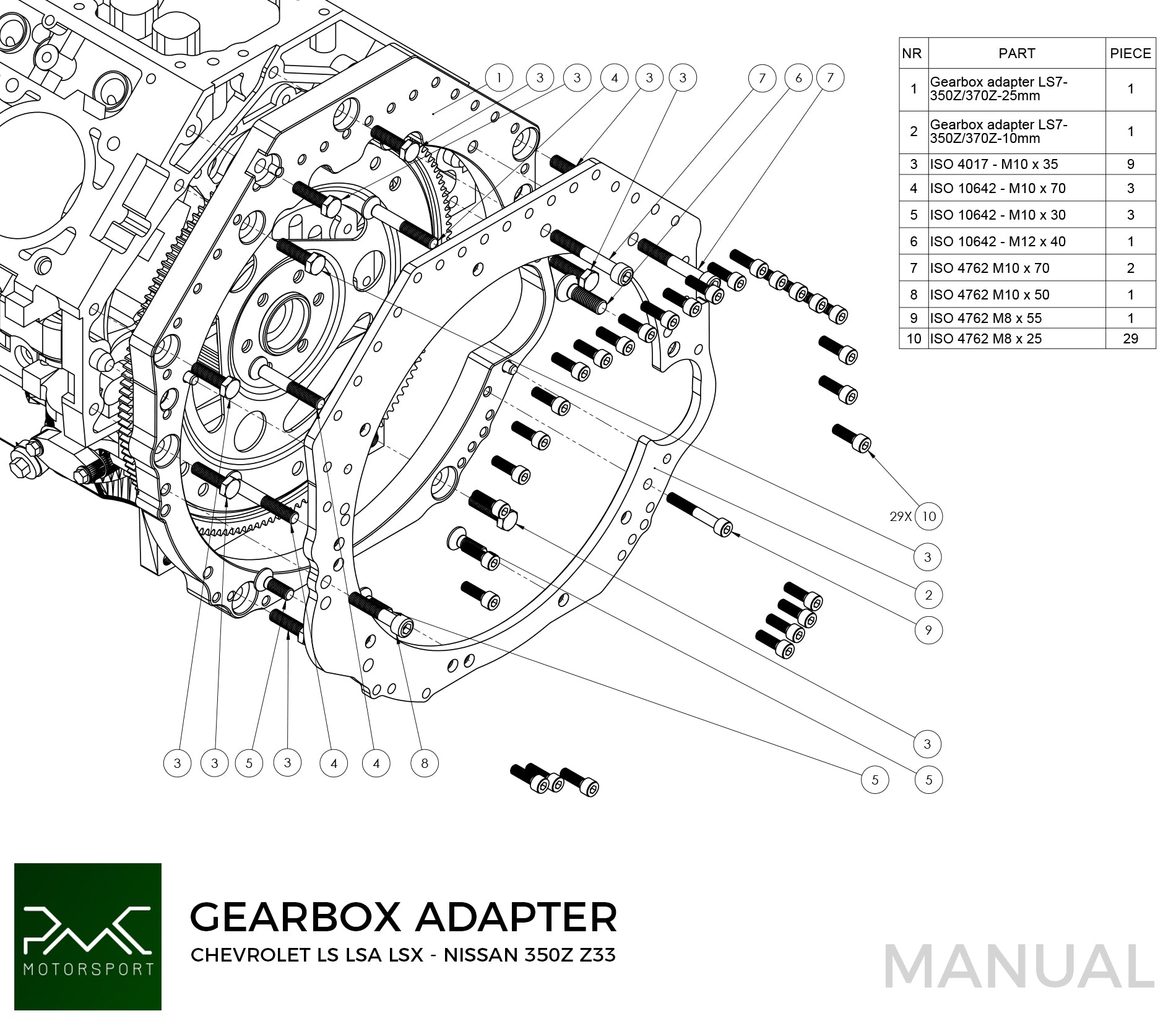 PMC Motorsport - Adapter Kit GM Chevrolet V8 LS LS1 LS3 LS7 - Nissan 3 ...