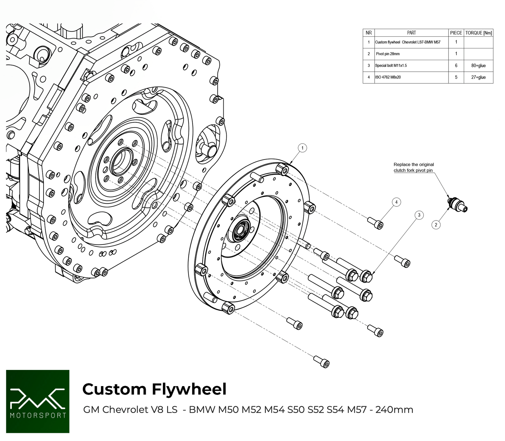 PMC Motorsport - Adapter Kit GM Chevrolet V8 LS - BMW M57 / E46 S54 M3 ...